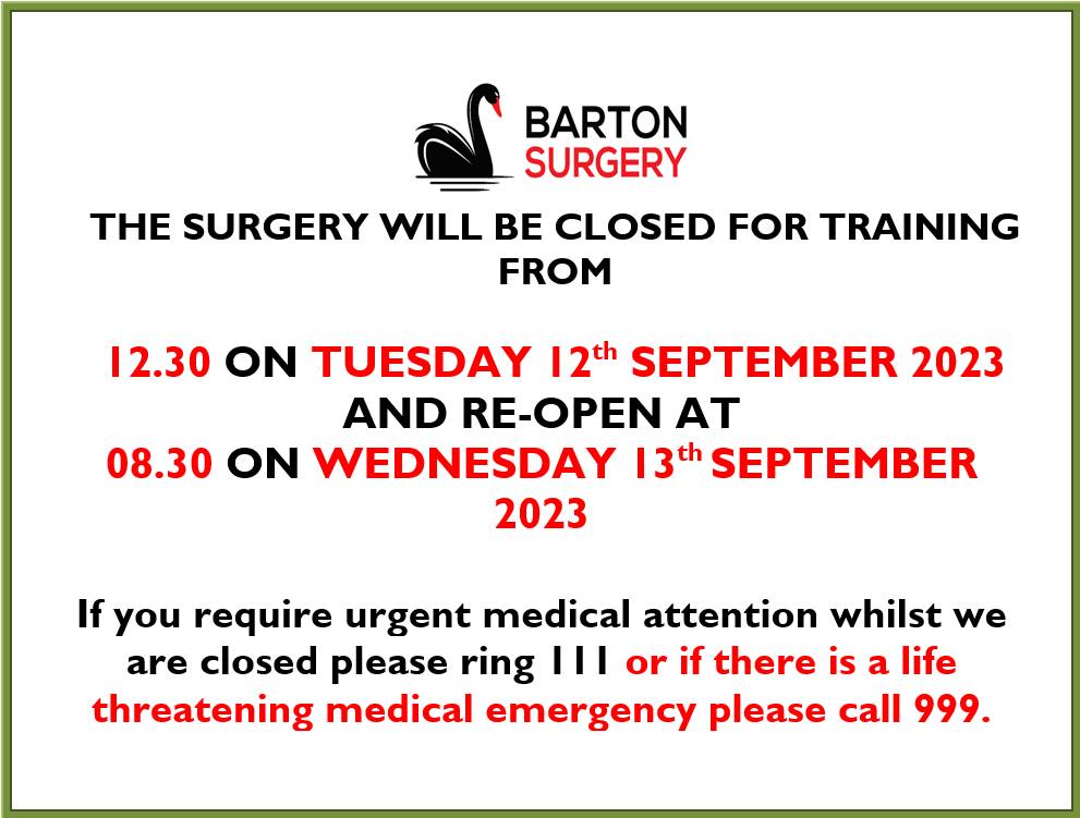 Barton Surgery Closed for Training – September 2023 – Barton Surgery