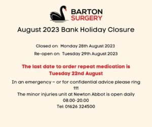 August Bank Holiday Closure – Barton Surgery
